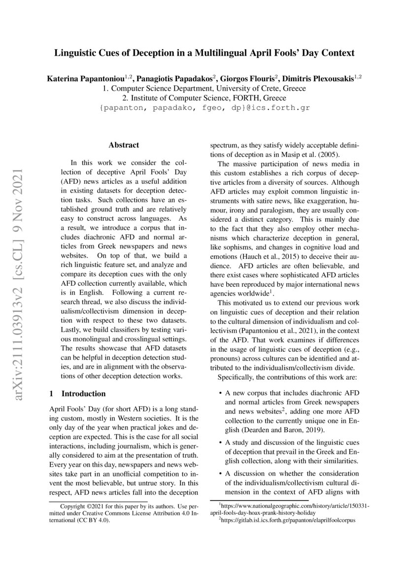 Linguistic Cues of Deception in a Multilingual April Fools' Day Context | DeepAI