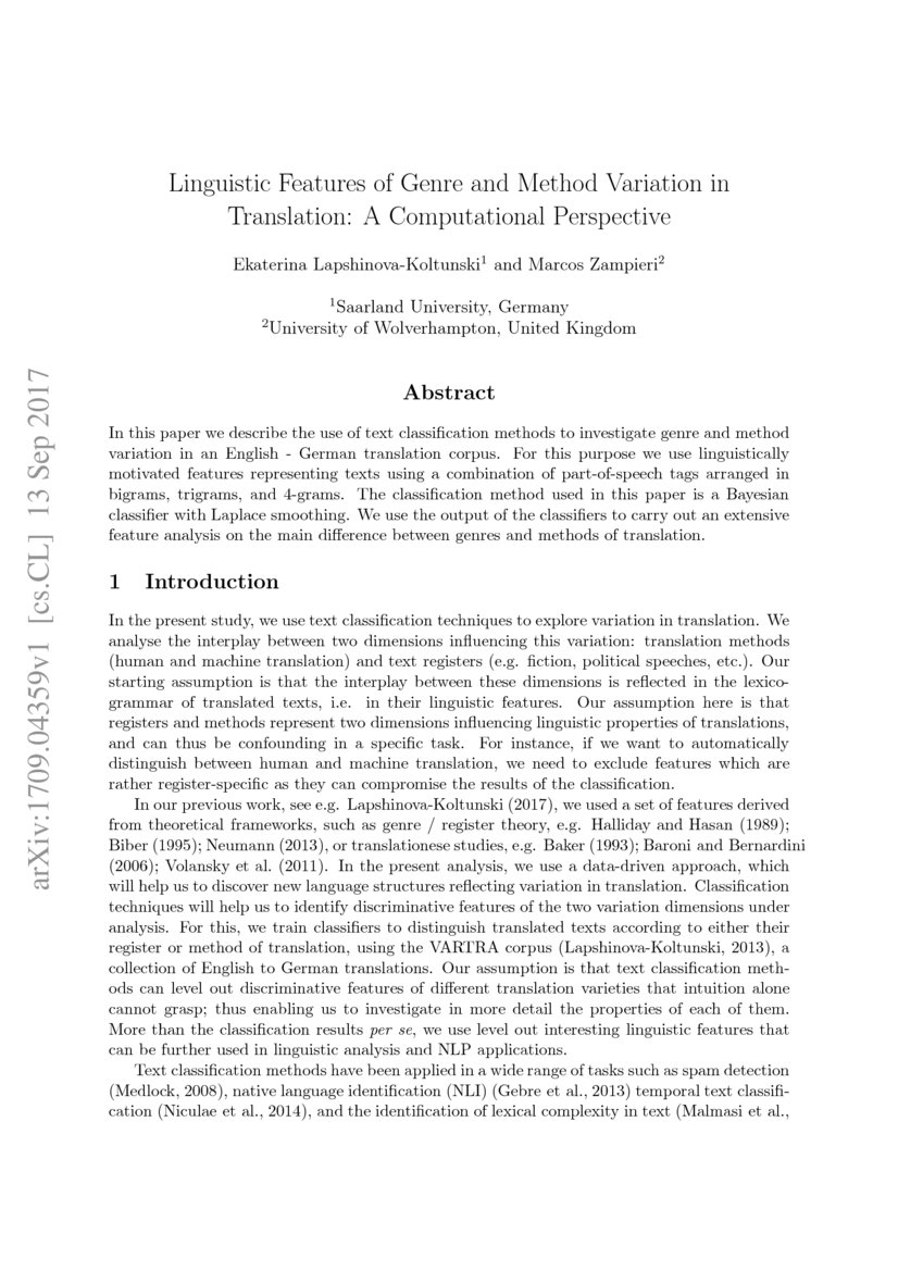 Linguistic Features Of Genre And Method Variation In Translation A Computational Perspective