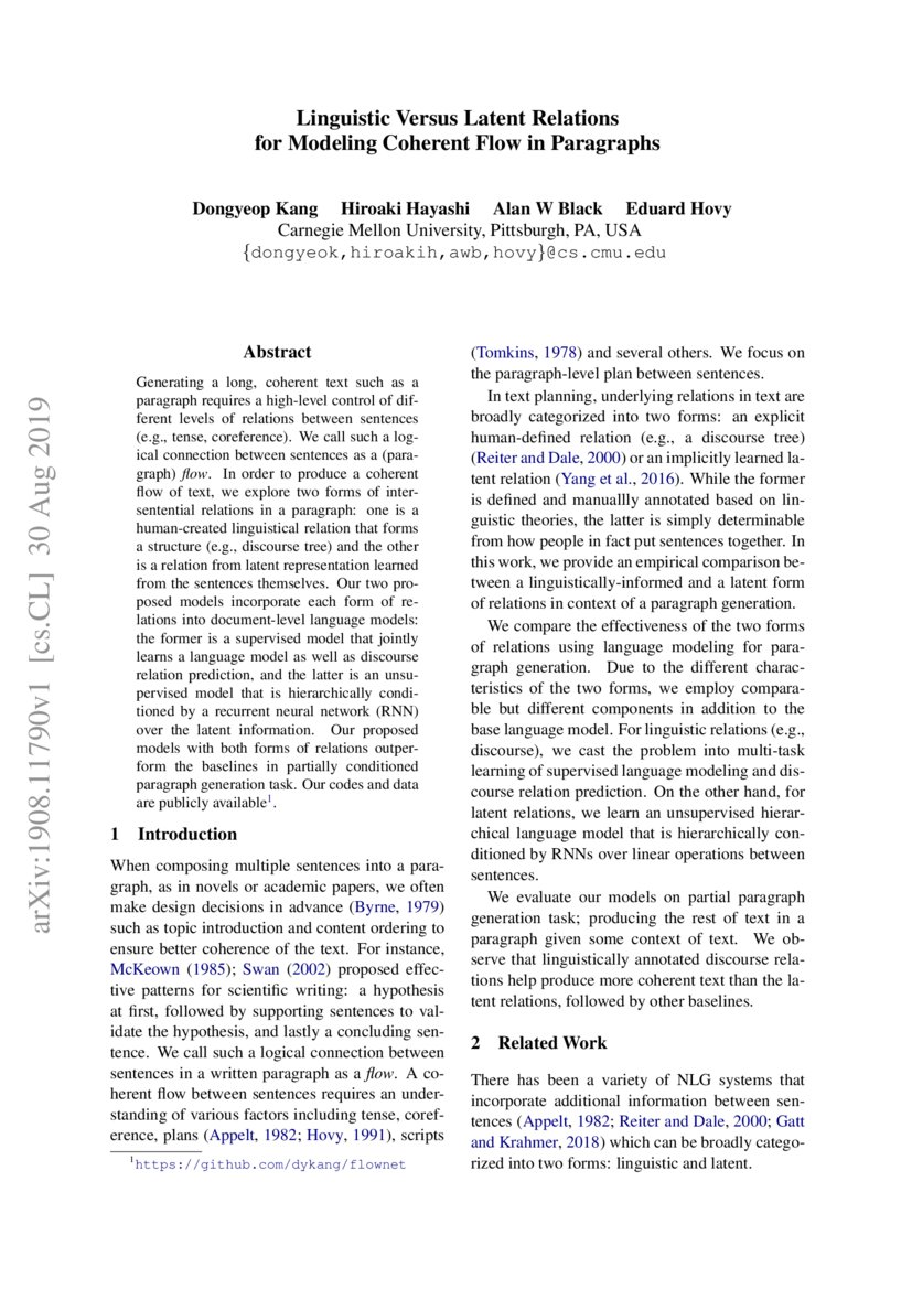 Linguistic Versus Latent Relations For Modeling Coherent Flow In Paragraphs Deepai