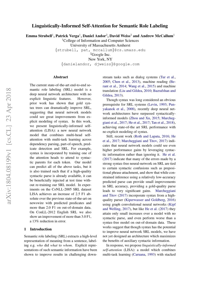 Linguistically-Informed Self-Attention for Semantic Role Labeling | DeepAI