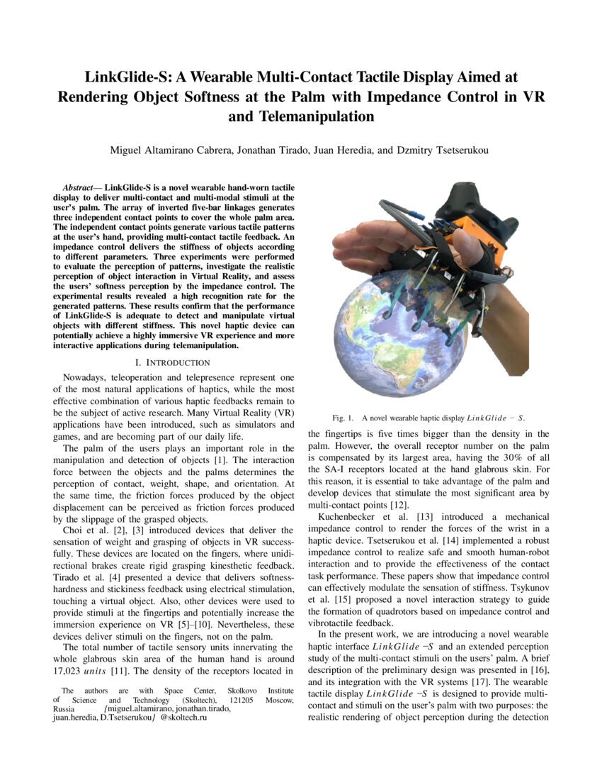 Linkglide S A Wearable Multi Contact Tactile Display Aimed At Rendering Object Softness At The