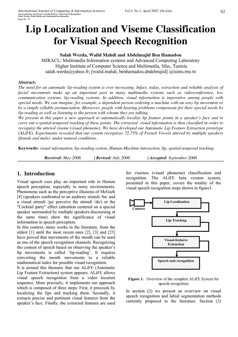 Lip Localization and Viseme Classification for Visual Speech Recognition | DeepAI