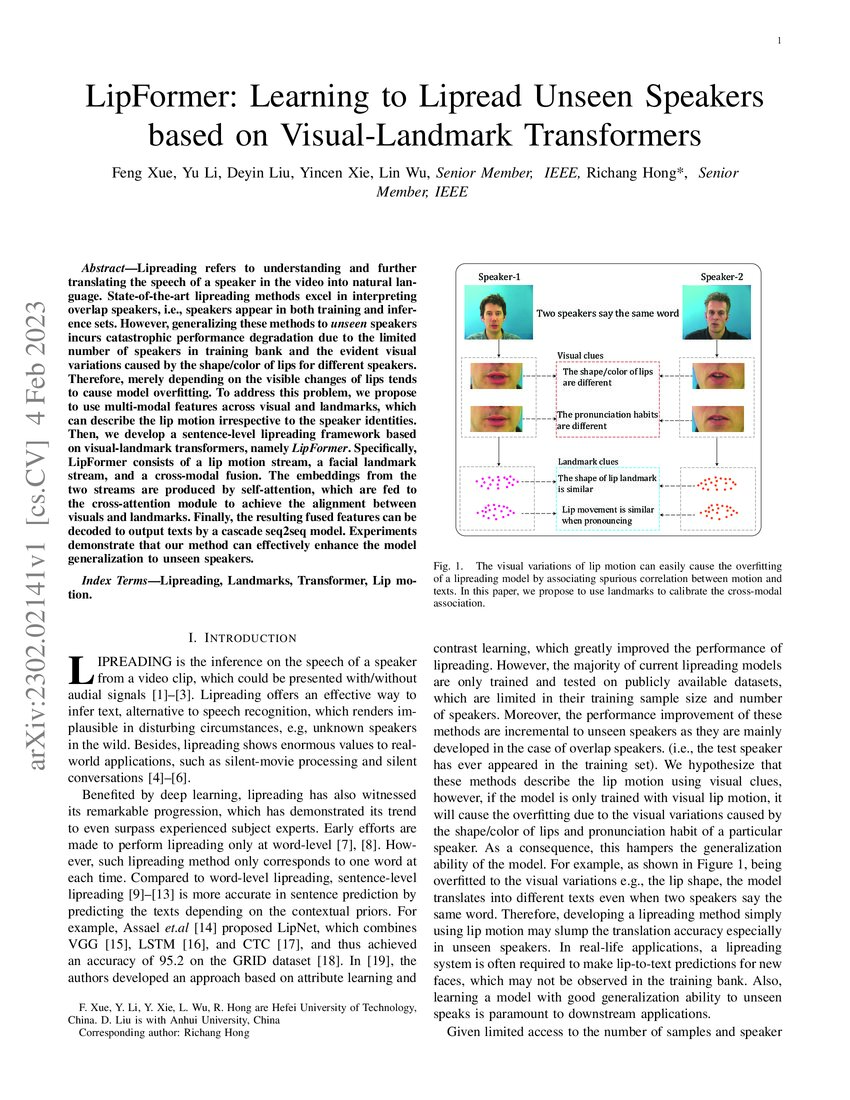 LipFormer: Learning to Lipread Unseen Speakers based on Visual-Landmark Transformers | DeepAI