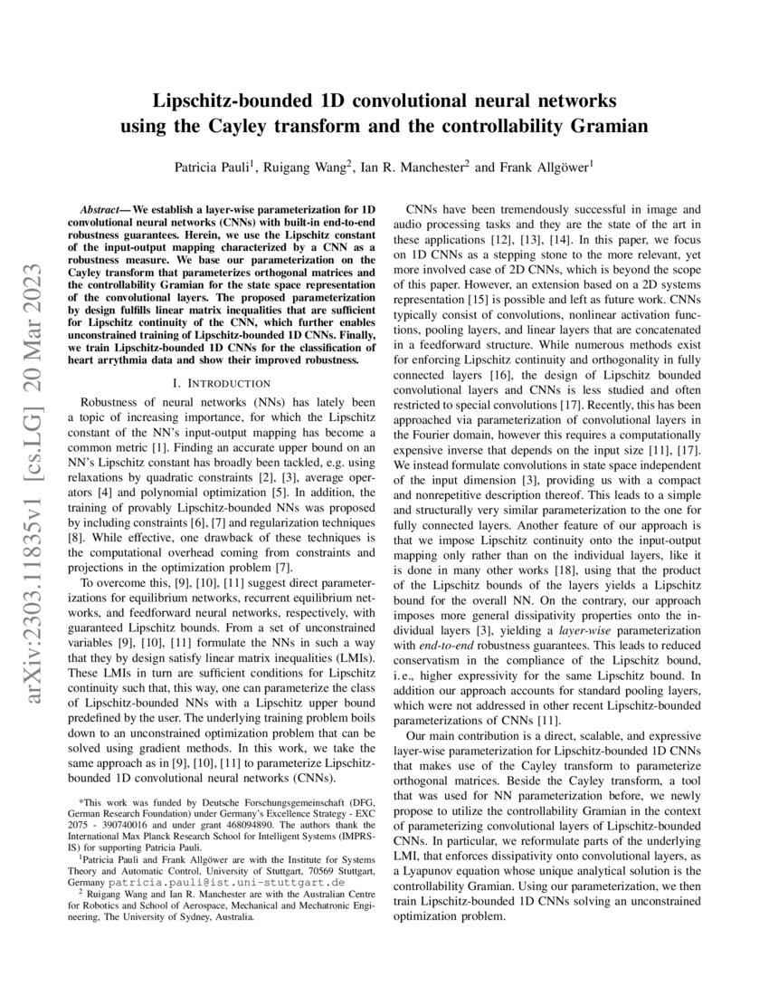 Lipschitz-bounded 1D convolutional neural networks using the Cayley transform and the ...