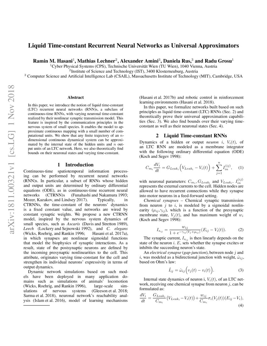 Liquid Time-constant Recurrent Neural Networks as Universal Approximators | DeepAI