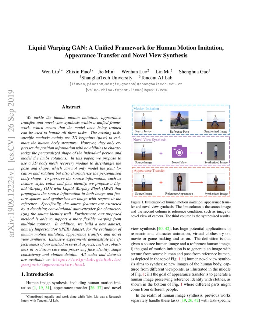 Liquid Warping GAN: A Unified Framework for Human Motion Imitation, Appearance Transfer and ...