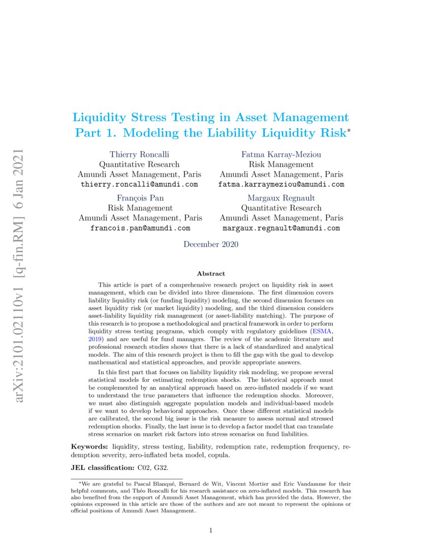 Liquidity Stress Testing in Asset Management – Part 1. Modeling the ...