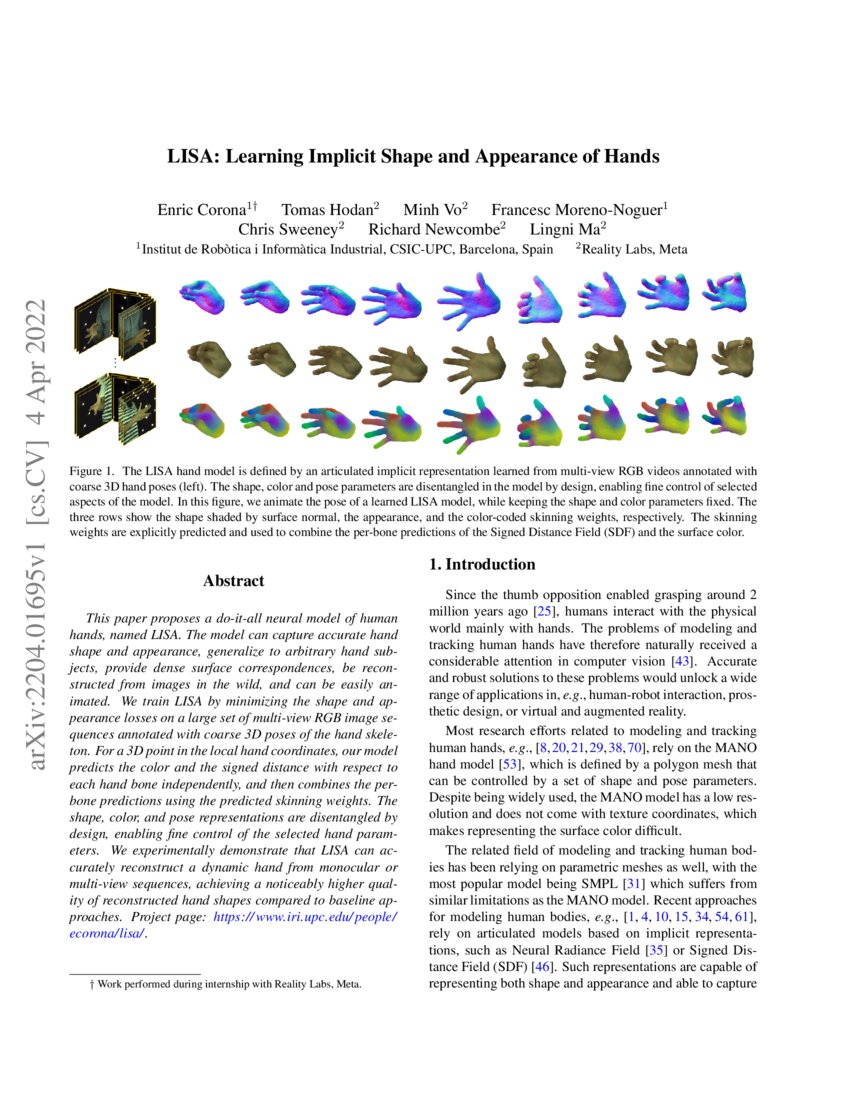 LISA: Learning Implicit Shape and Appearance of Hands | DeepAI