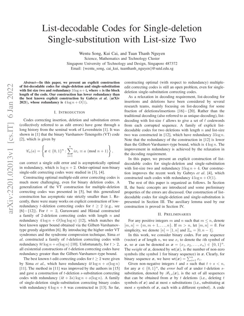 List-decodable Codes for Single-deletion Single-substitution with List-size Two | DeepAI