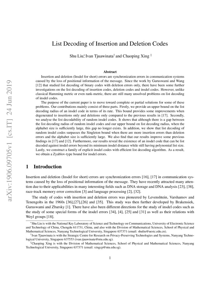 List Decoding Of Insertion And Deletion Codes Deepai