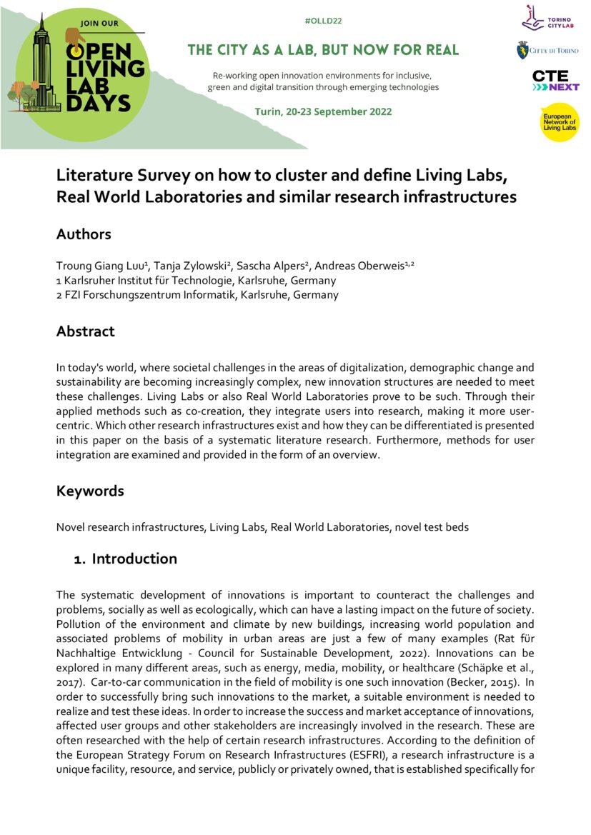 Literature Survey On How To Cluster And Define Living Labs Real World Laboratories And Similar