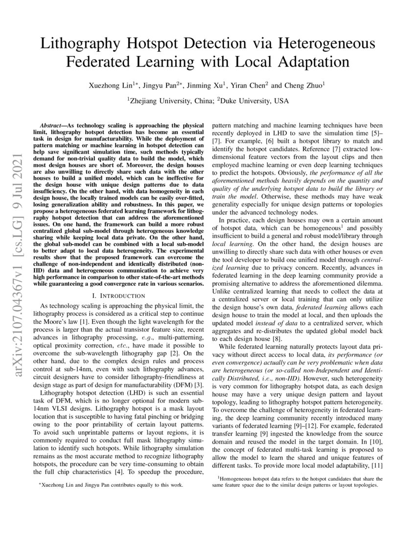 Lithography Hotspot Detection via Heterogeneous Federated Learning with Local Adaptation | DeepAI
