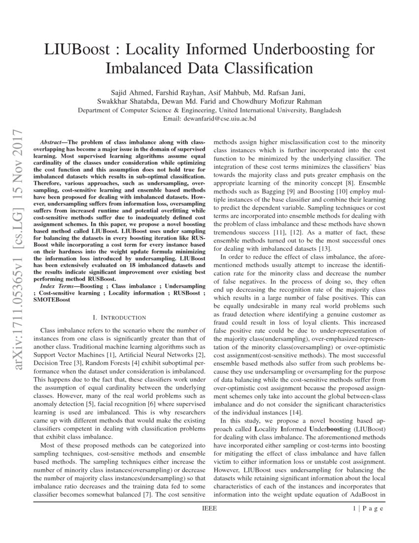 LIUBoost : Locality Informed Underboosting for Imbalanced Data Classification | DeepAI