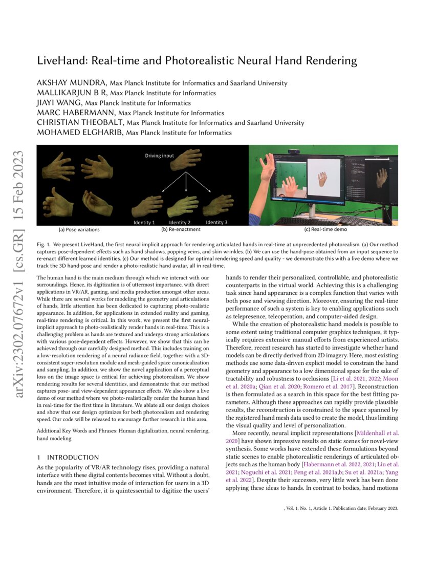 LiveHand: Real-time and Photorealistic Neural Hand Rendering | DeepAI