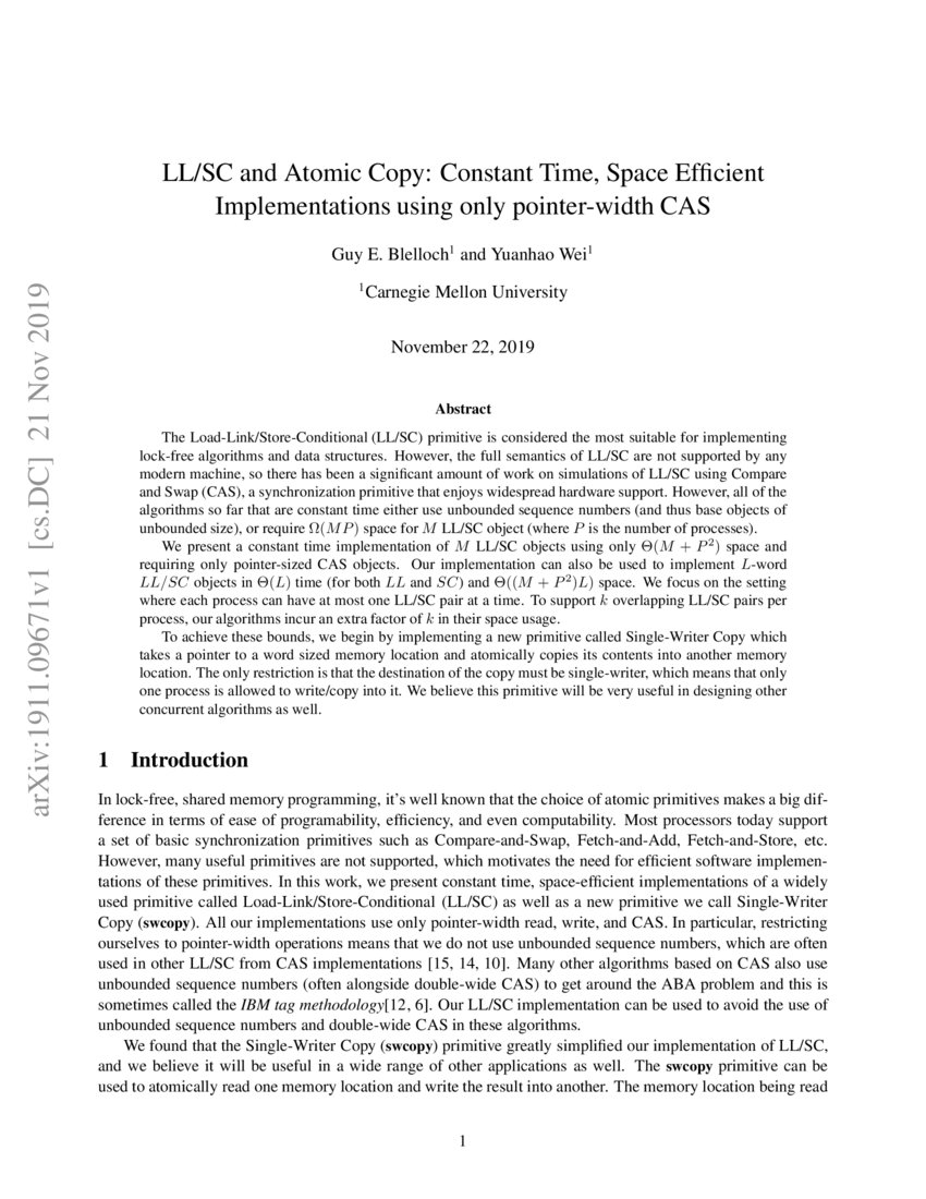 Llsc And Atomic Copy Constant Time Space Efficient Implementations Using Only Pointer Width