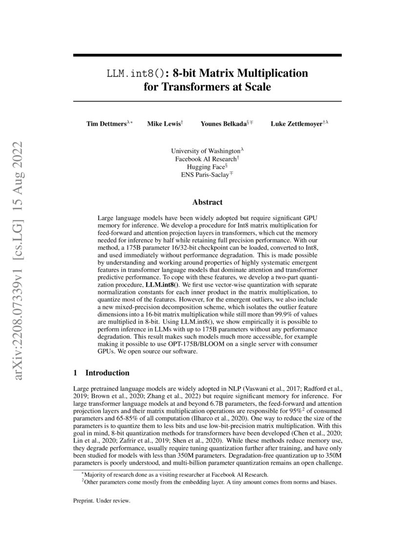LLM.int8(): 8-bit Matrix Multiplication for Transformers at Scale | DeepAI LLM.int8(): 8-bit Matrix Multiplication for Transformers at Scale | DeepAI
