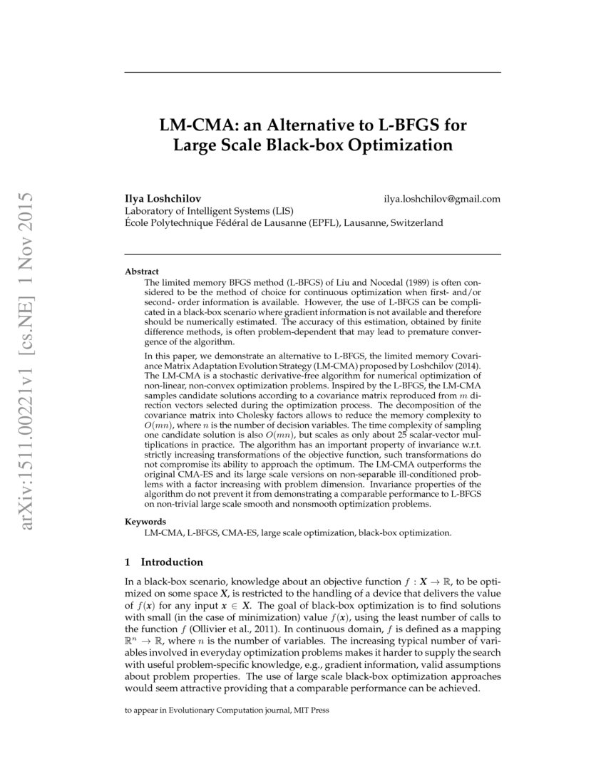 LM-CMA: an Alternative to L-BFGS for Large Scale Black-box Optimization ...
