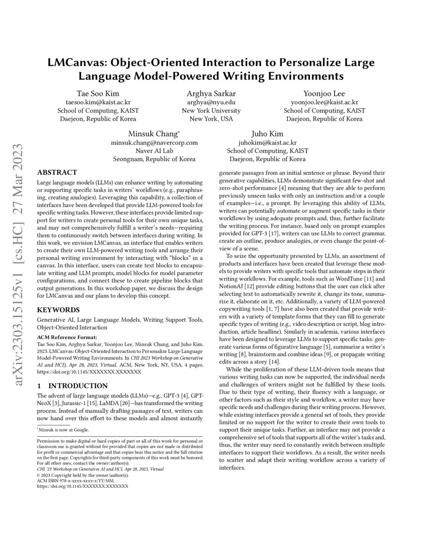 Lmcanvas Object Oriented Interaction To Personalize Large Language Model Powered Writing