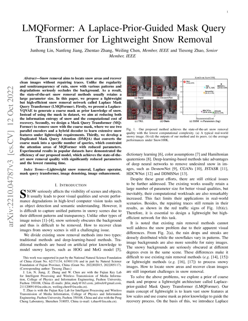 Lmqformer A Laplace Prior Guided Mask Query Transformer For Lightweight Snow Removal Deepai