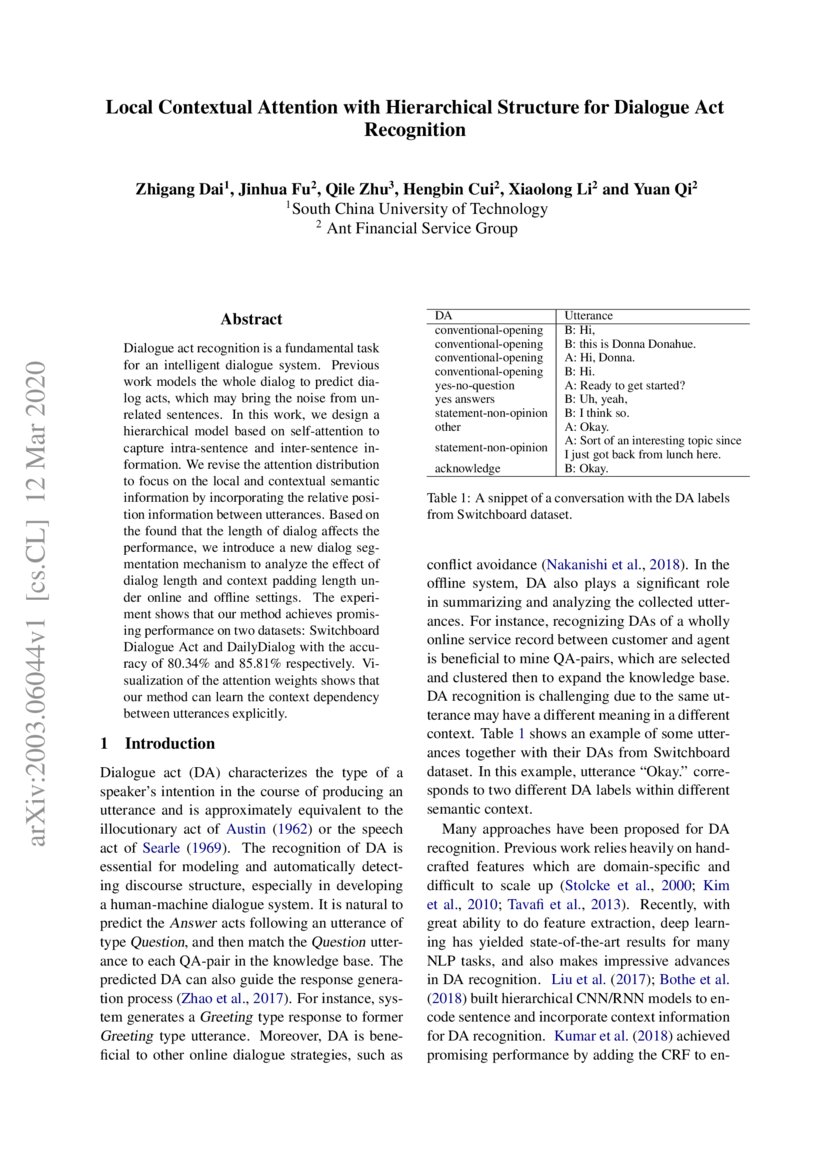 Local Contextual Attention With Hierarchical Structure For Dialogue Act Recognition Deepai
