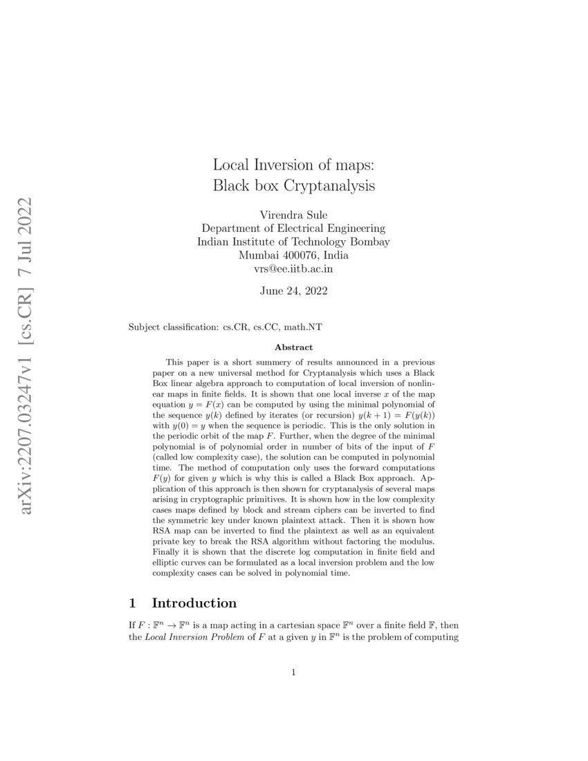 Local Inversion of maps: Black box Cryptanalysis | DeepAI