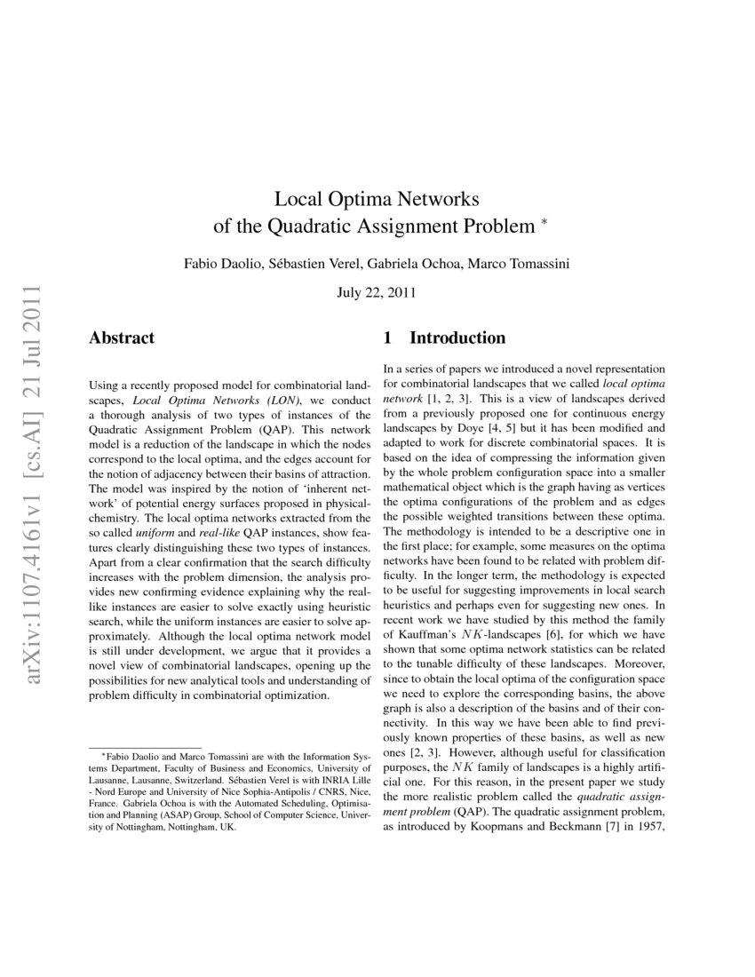Local Optima Networks Of The Quadratic Assignment Problem Deepai