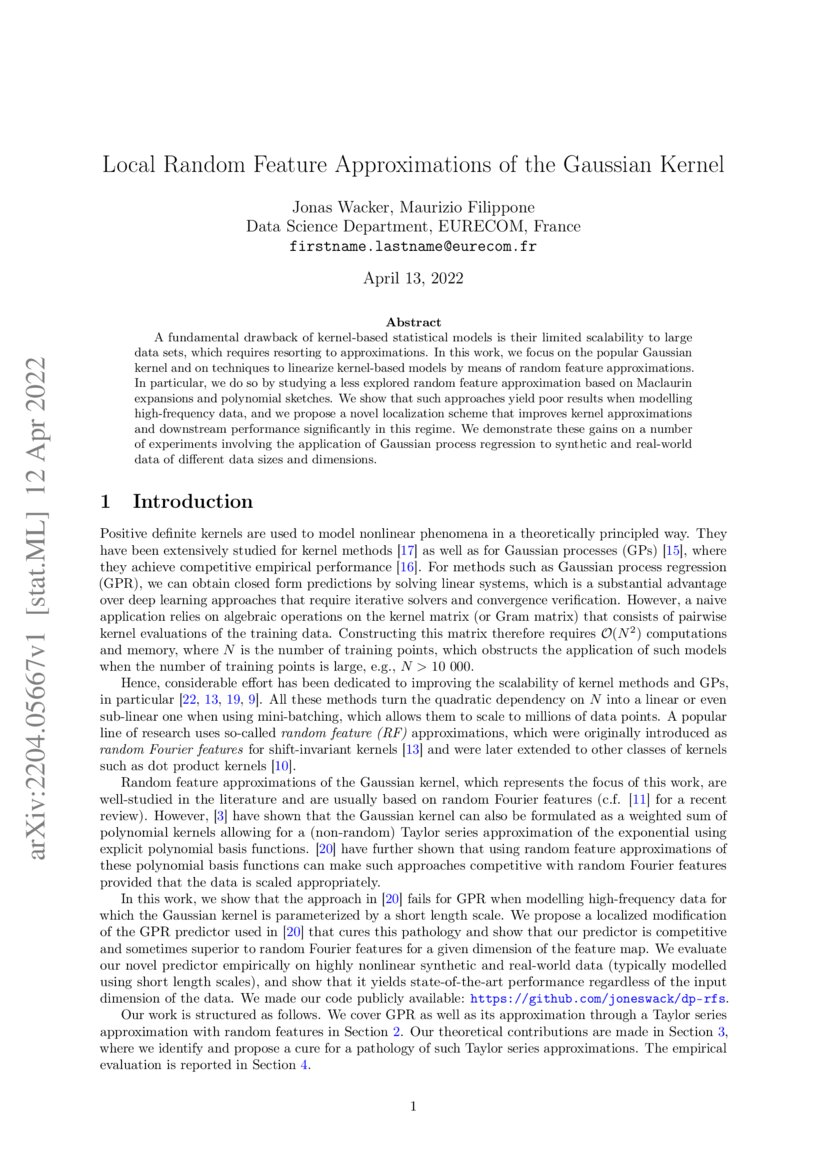 Local Random Feature Approximations of the Gaussian Kernel | DeepAI