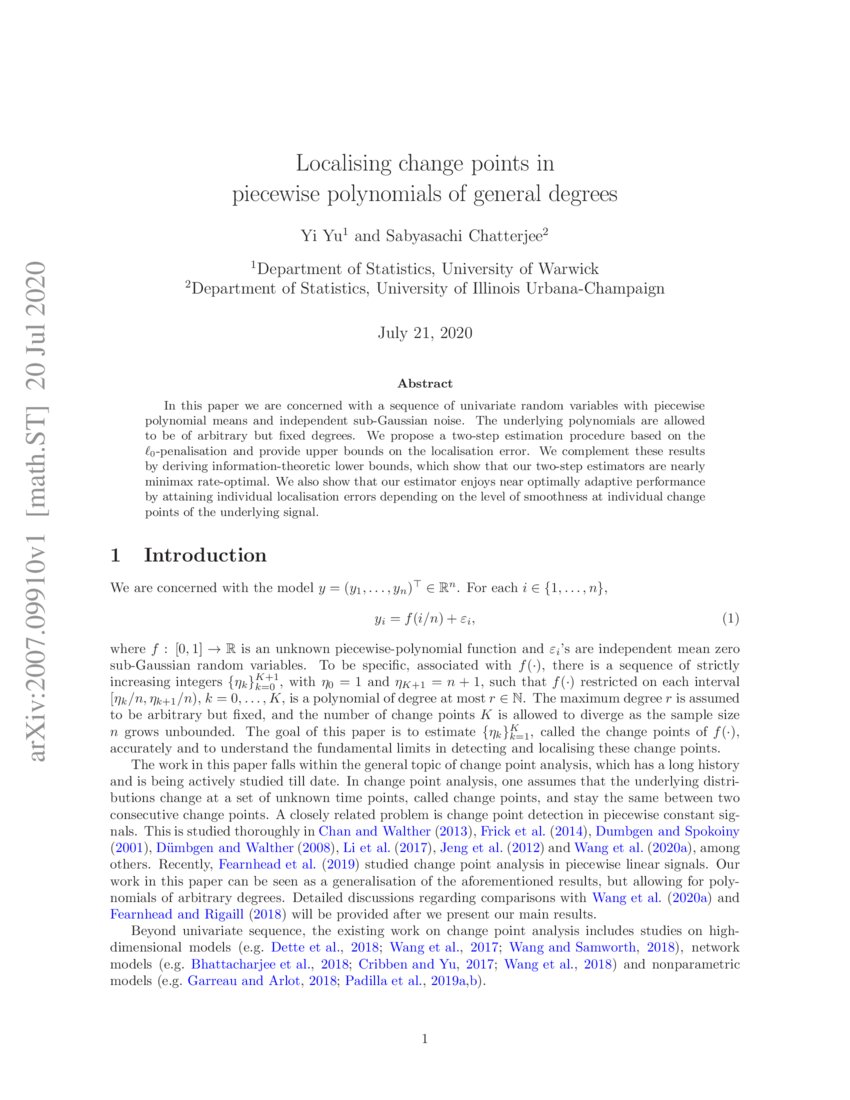 Localising change points in piecewise polynomials of general degrees | DeepAI