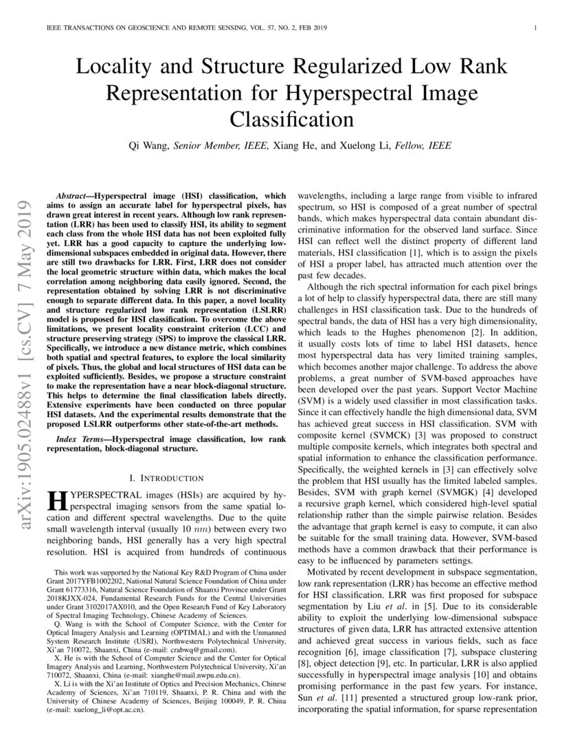 Locality and Structure Regularized Low Rank Representation for Hyperspectral Image ...