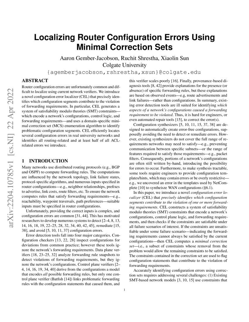 Localizing Router Configuration Errors Using Minimal Correction Sets 6897
