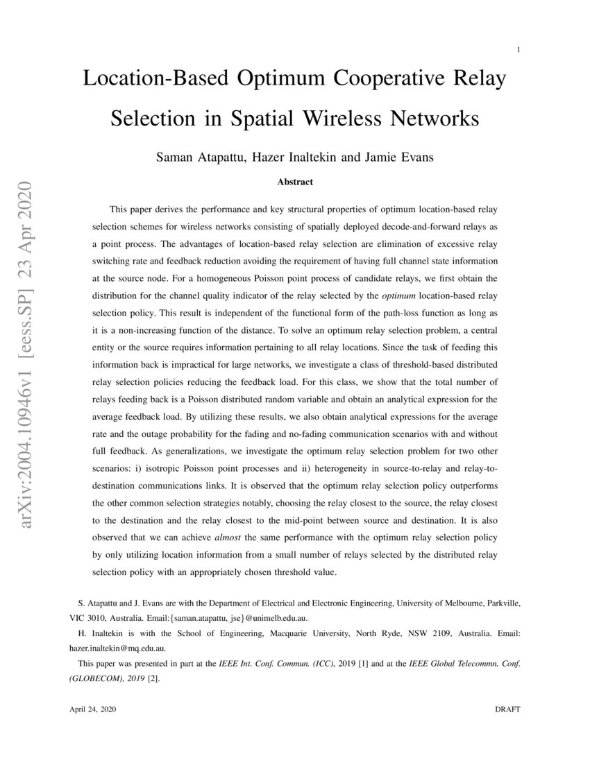 Location-Based Optimum Cooperative Relay Selection in Spatial Wireless Networks | DeepAI