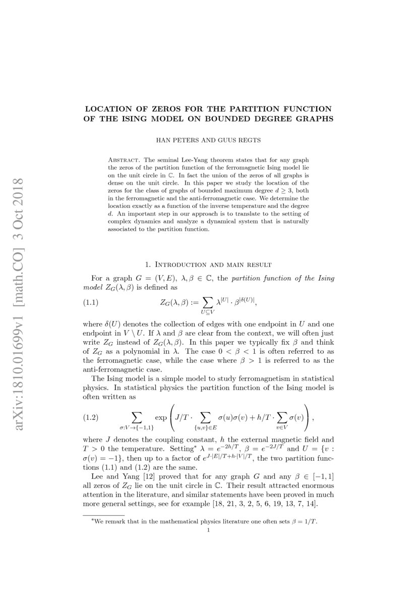 Location Of Zeros For The Partition Function Of The Ising Model On Bounded Degree Graphs Deepai