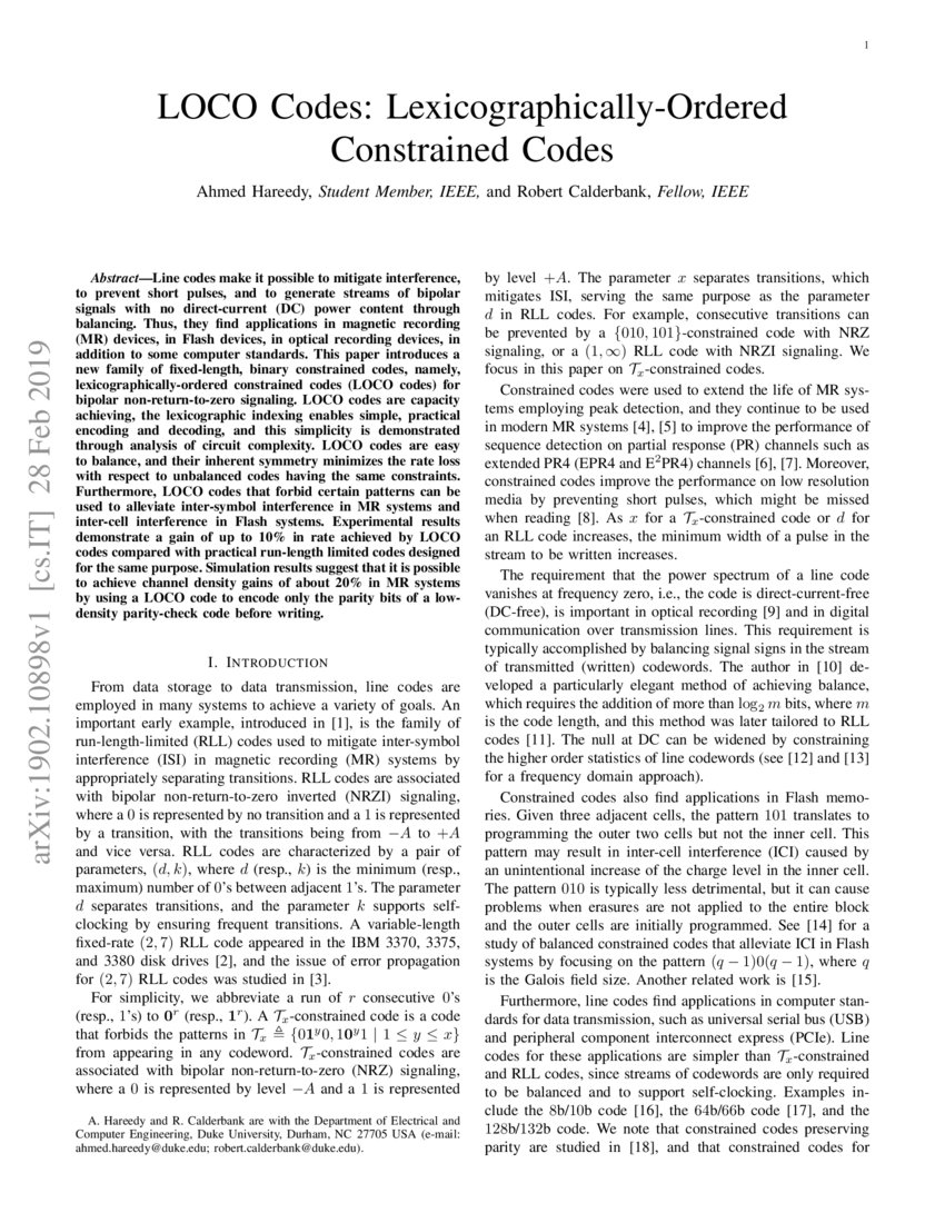 LOCO Codes: Lexicographically-Ordered Constrained Codes | DeepAI LOCO Codes: Lexicographically-Ordered Constrained Codes | DeepAI