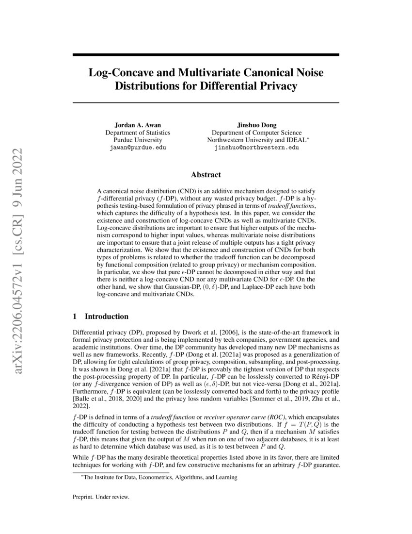 Log Concave And Multivariate Canonical Noise Distributions For Differential Privacy Deepai