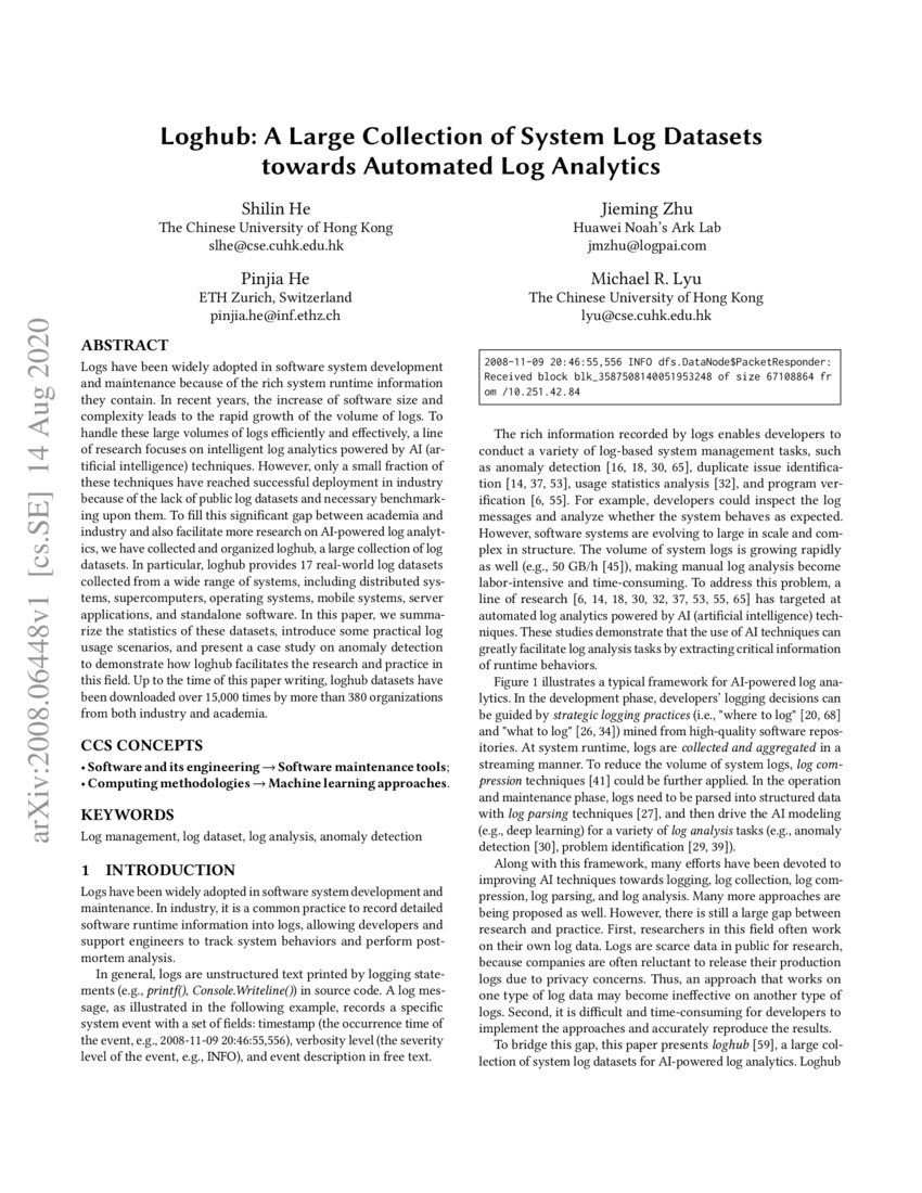 Loghub A Large Collection Of System Log Datasets Towards Automated Log Analytics Deepai