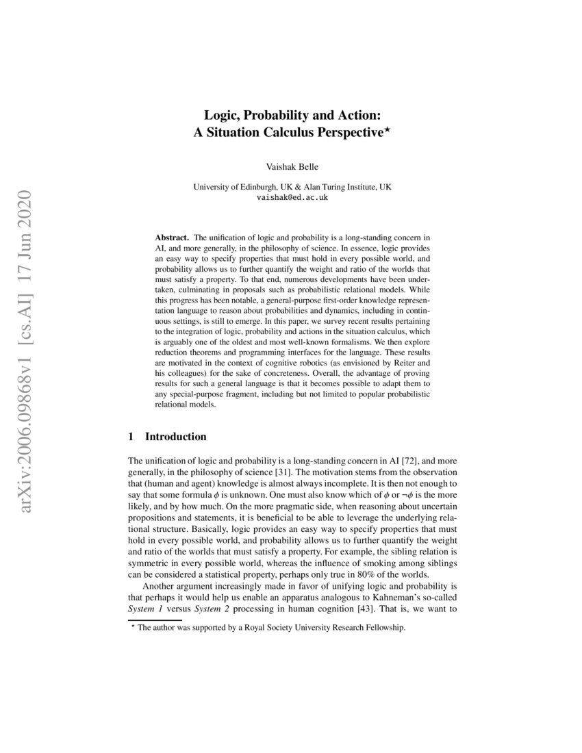 Logic, Probability and Action: A Situation Calculus Perspective | DeepAI