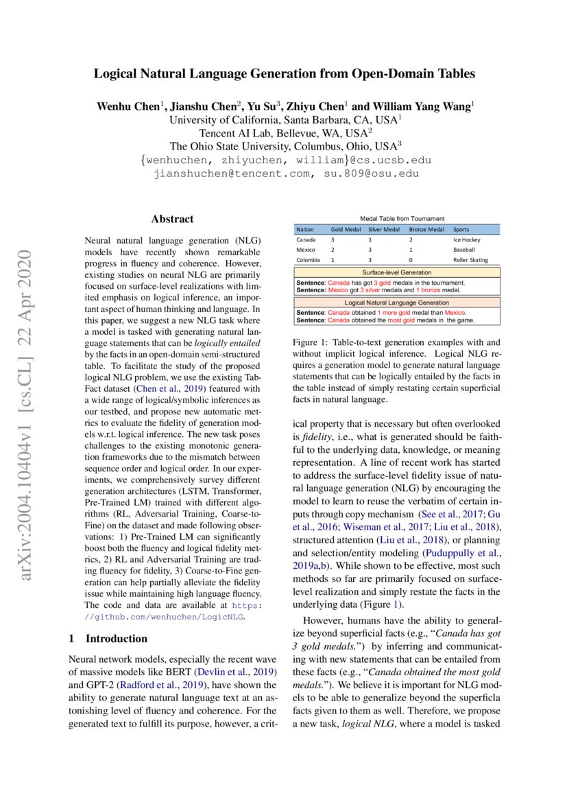Logical Natural Language Generation from Open-Domain Tables | DeepAI