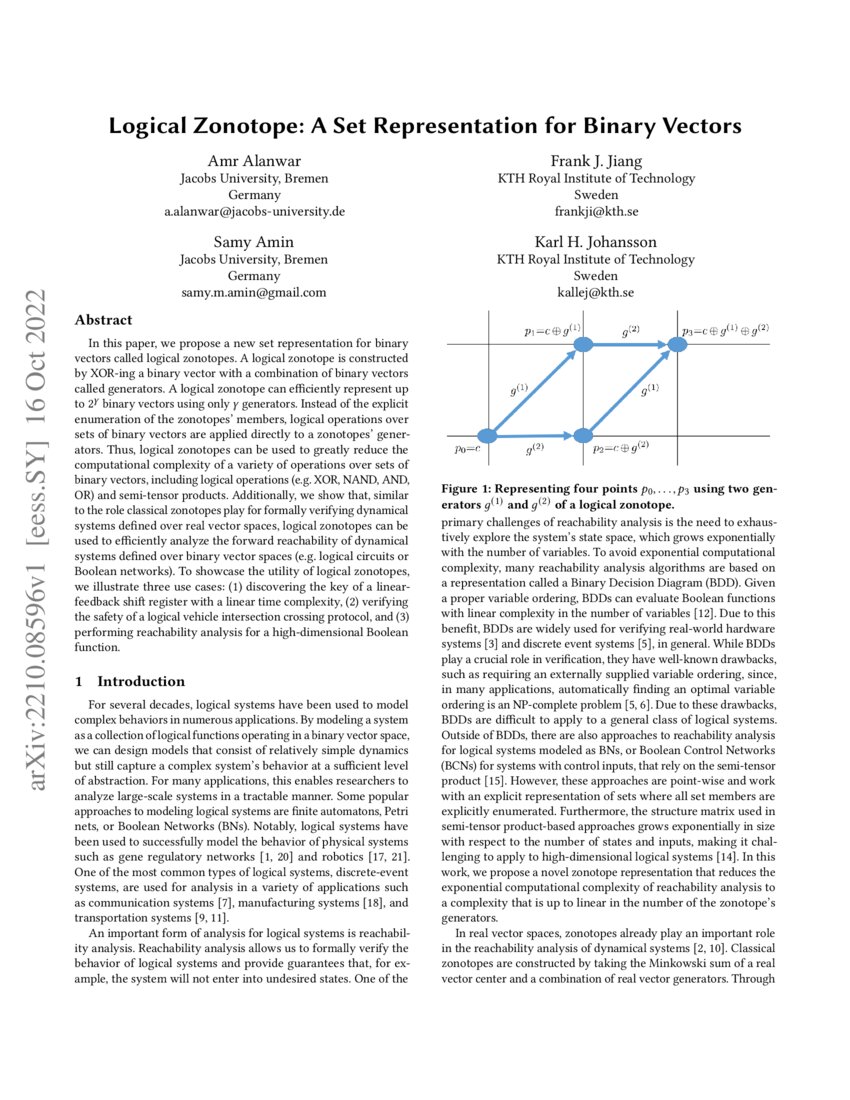 Logical Zonotope: A Set Representation for Binary Vectors | DeepAI