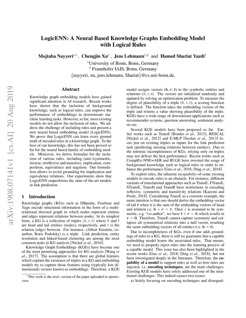 LogicENN: A Neural Based Knowledge Graphs Embedding Model with Logical Rules | DeepAI
