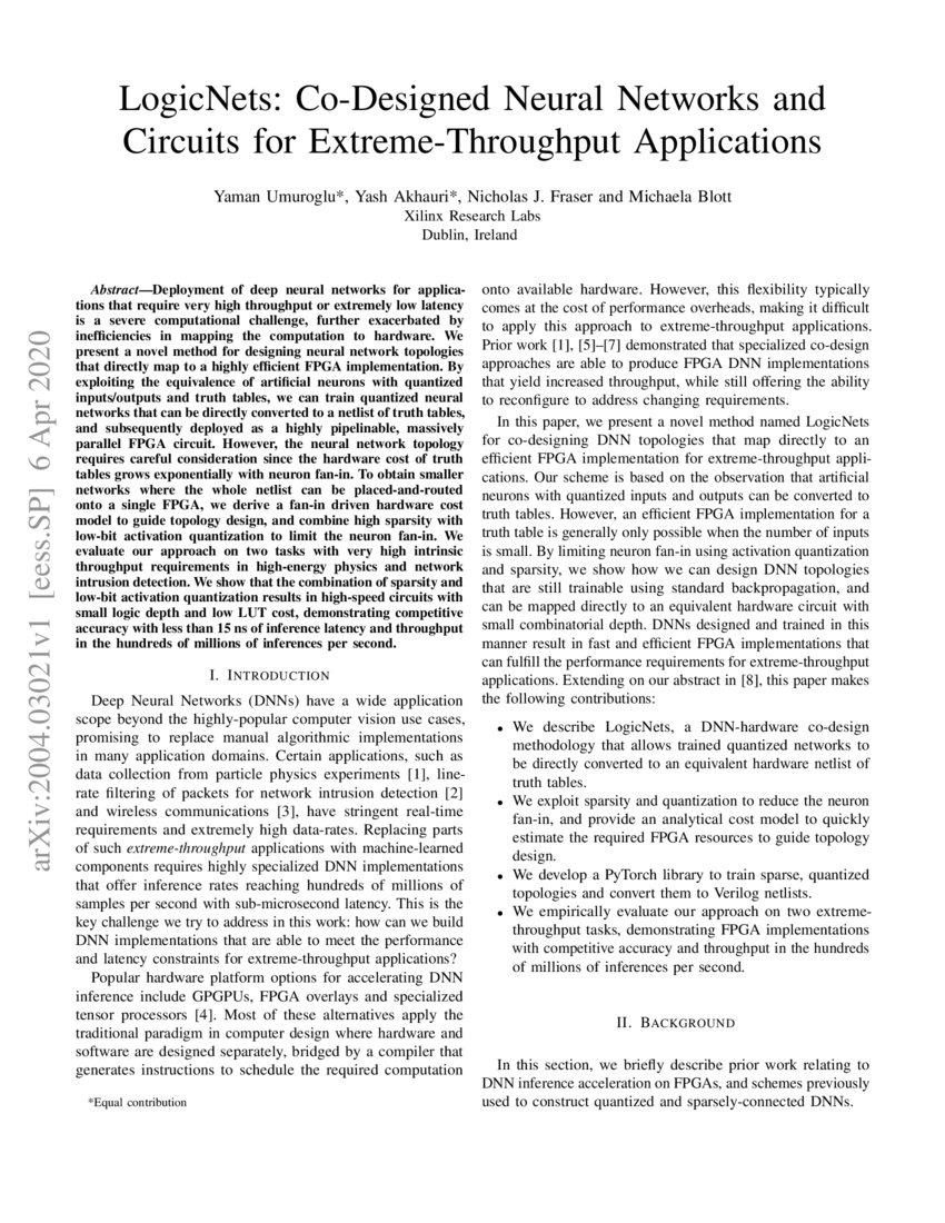 LogicNets: Co-Designed Neural Networks and Circuits for Extreme-Throughput Applications | DeepAI