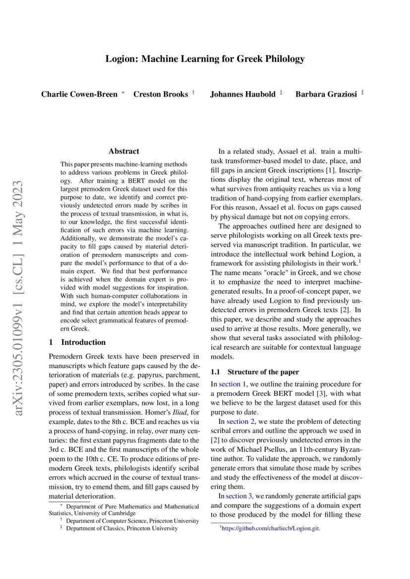Logion: Machine Learning for Greek Philology | DeepAI