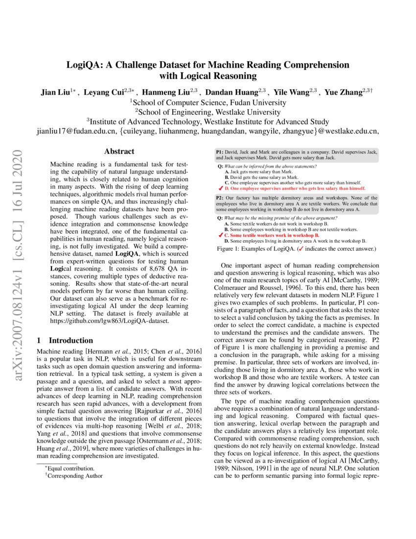 LogiQA: A Challenge Dataset for Machine Reading Comprehension with Logical Reasoning | DeepAI