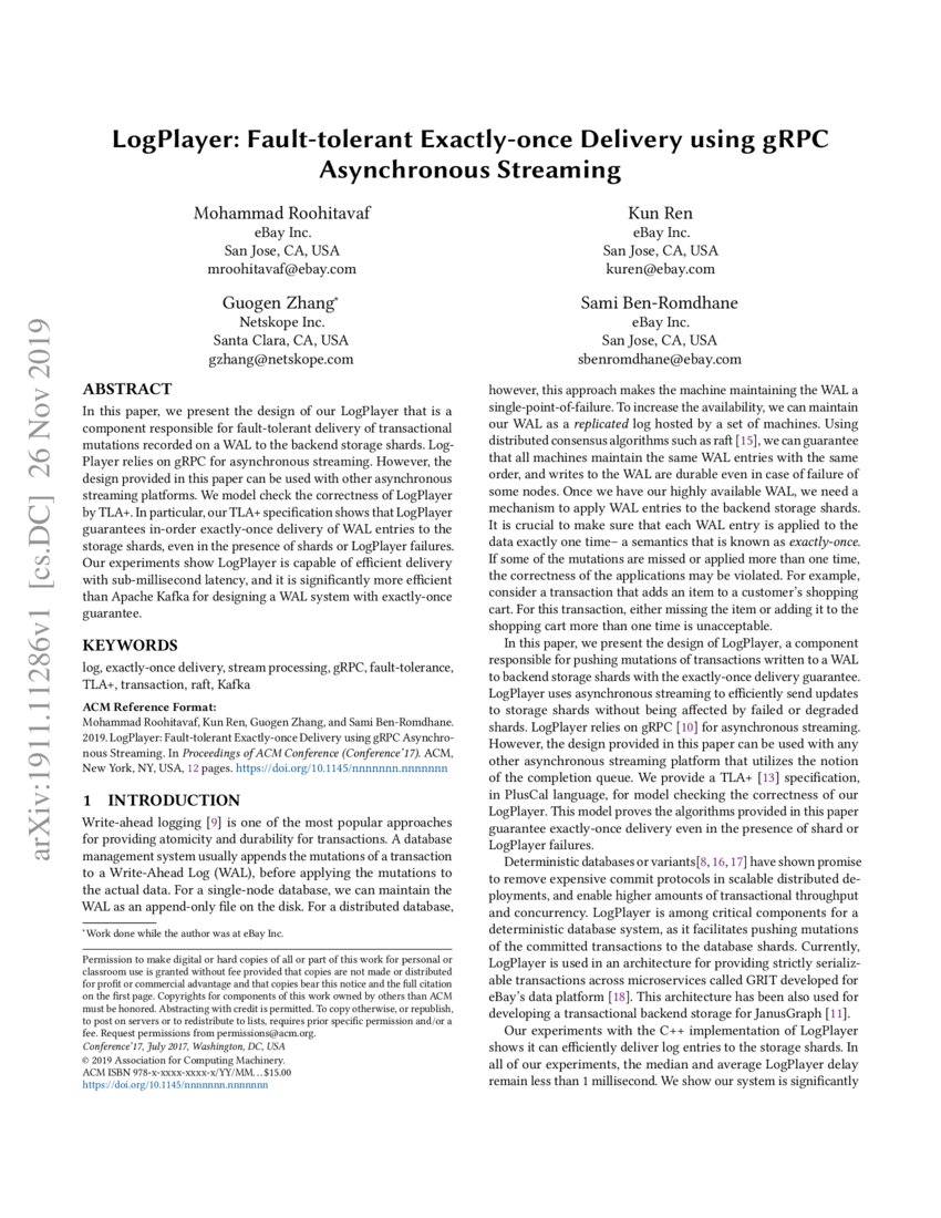 LogPlayer: Fault-tolerant Exactly-once Delivery using gRPC Asynchronous Streaming | DeepAI
