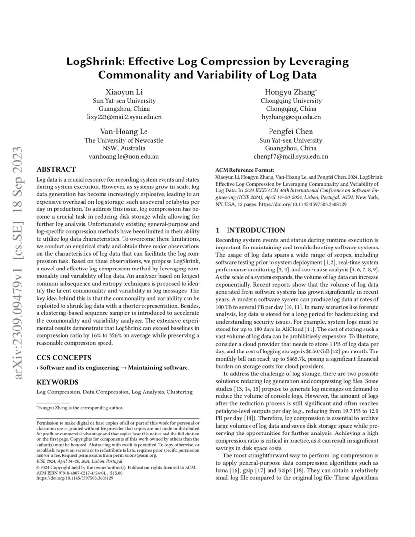 LogShrink: Effective Log Compression by Leveraging Commonality and Variability of Log Data | DeepAI