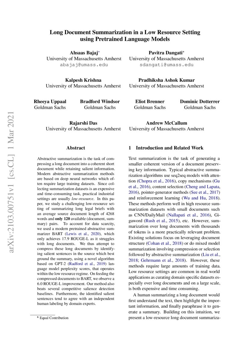 Long Document Summarization In A Low Resource Setting Using Pretrained Language Models Deepai