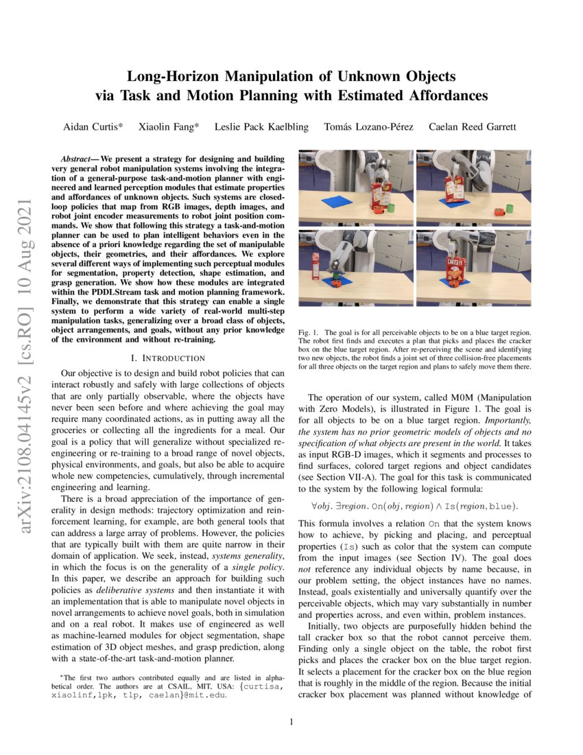 Long-Horizon Manipulation of Unknown Objects via Task and Motion Planning with Estimated ...