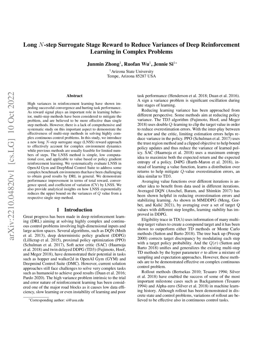Long N Step Surrogate Stage Reward To Reduce Variances Of Deep Reinforcement Learning In Complex
