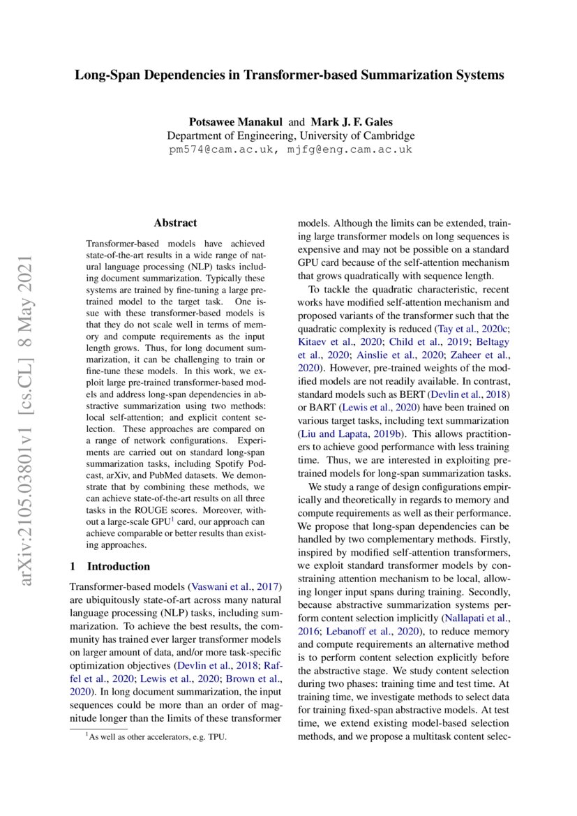 Long-Span Dependencies in Transformer-based Summarization Systems | DeepAI