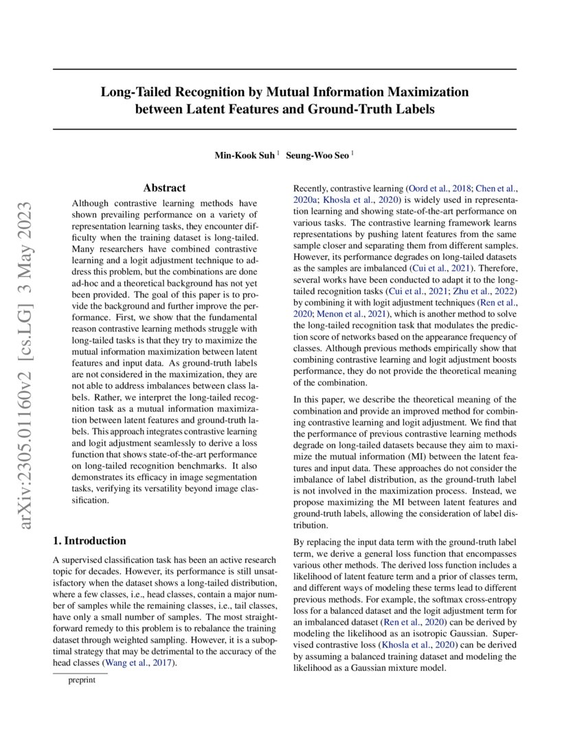 Long Tailed Recognition By Mutual Information Maximization Between Latent Features And Ground