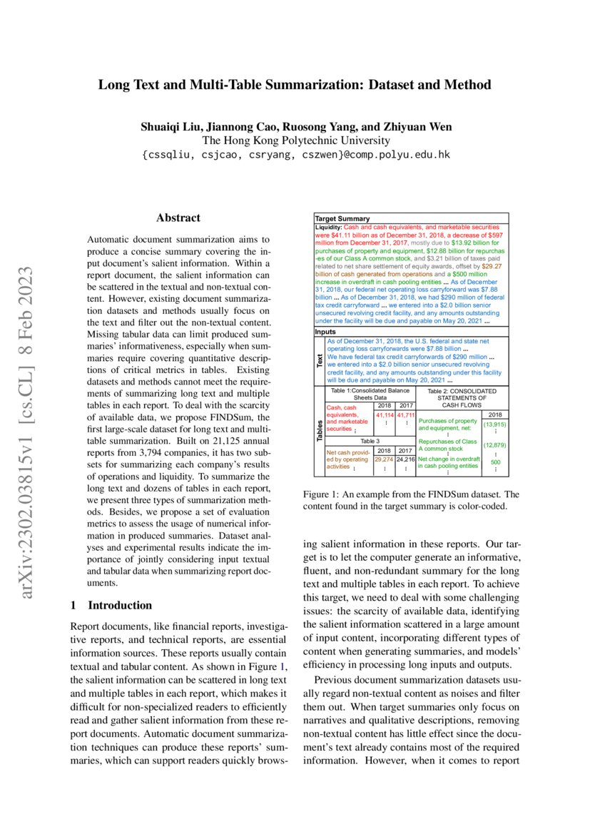 Long Text And Multi Table Summarization Dataset And Method Deepai